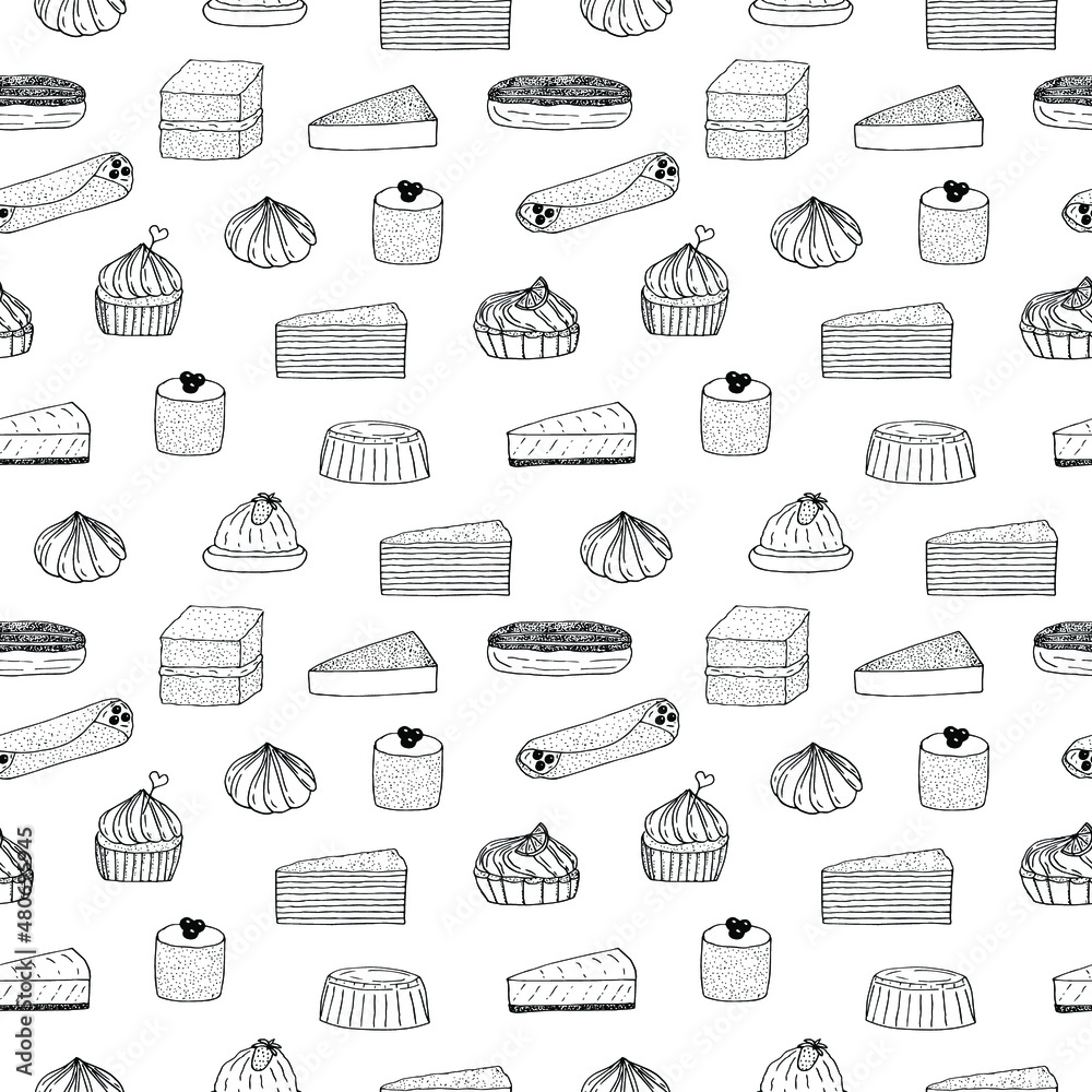 Cakes seamless pattern, hand drawing sketch Stock Vector | Adobe Stock