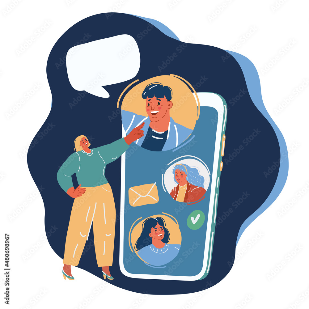 Cartoon vector illustration of person waving at camera and talking on ...