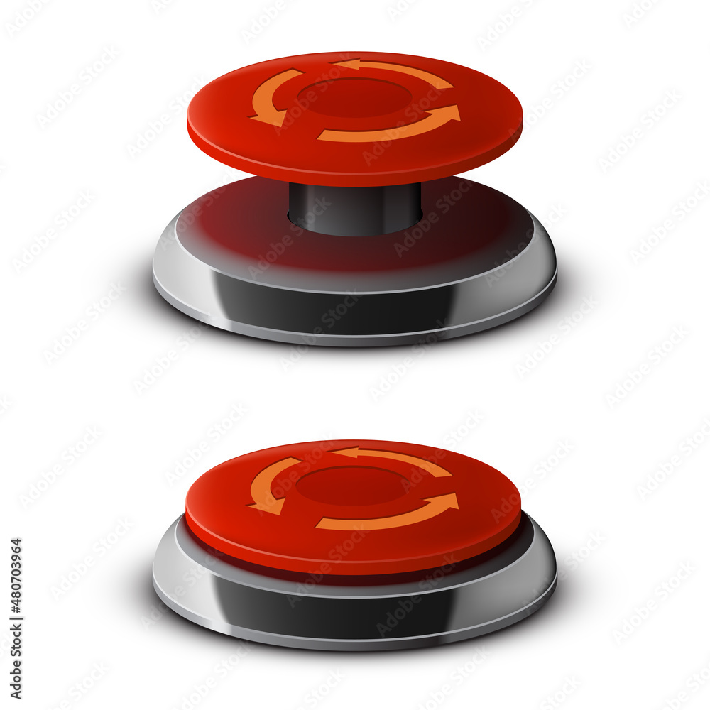 Red emergency stop button in on and off position, tridimensional button ...
