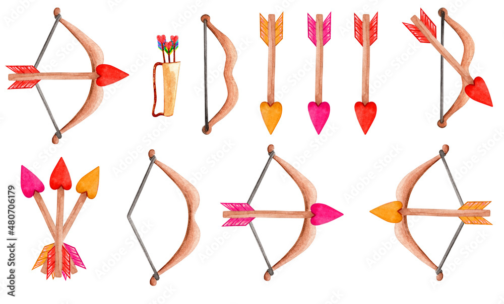 Cupid set, bow and arrows for Valentine design. Hand drawn watercolor ...