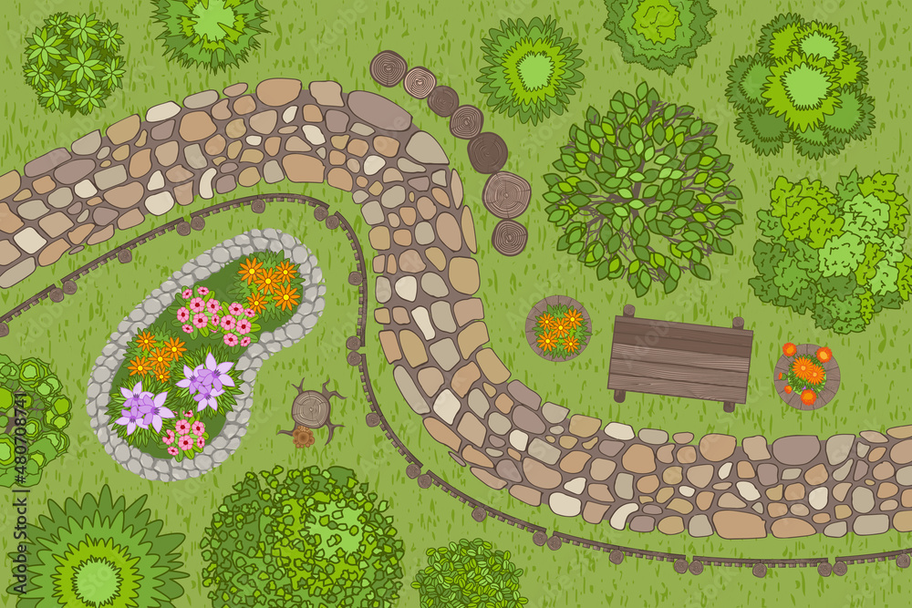 Vector illustration. Landscape design. Top view. Path, trees and ...