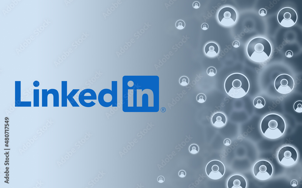 Linkedin logo on a gray background with symbolic linked contacts, business contacts, network ...