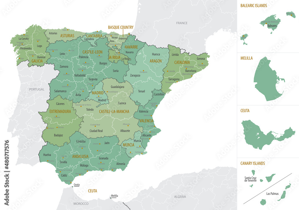 Vetor de Detailed map of Spain with administrative divisions into ...