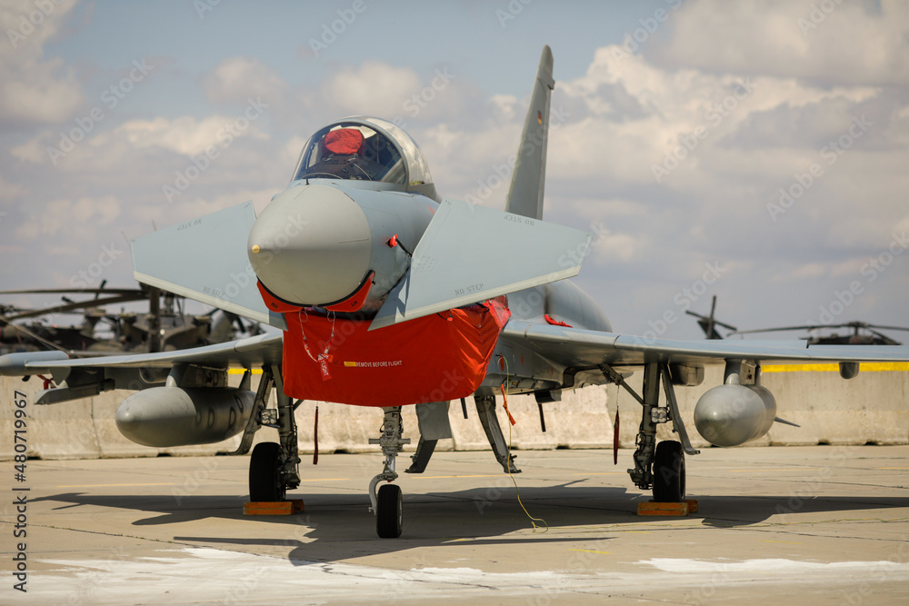 German Air Force Eurofighter Typhoon fighter aircraft on display at an ...
