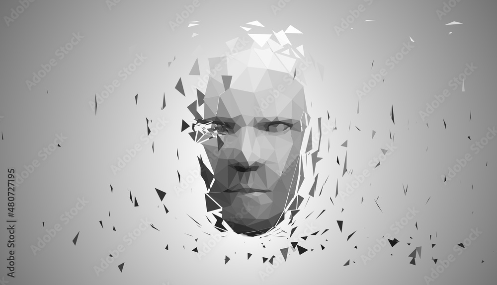 Human head, low poly style 3d vector wireframe object broken into ...