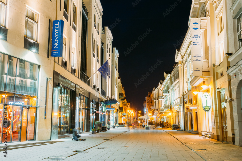 Vilnius Lithuania. View Of Vilniaus Street In Night Under Summer Black ...
