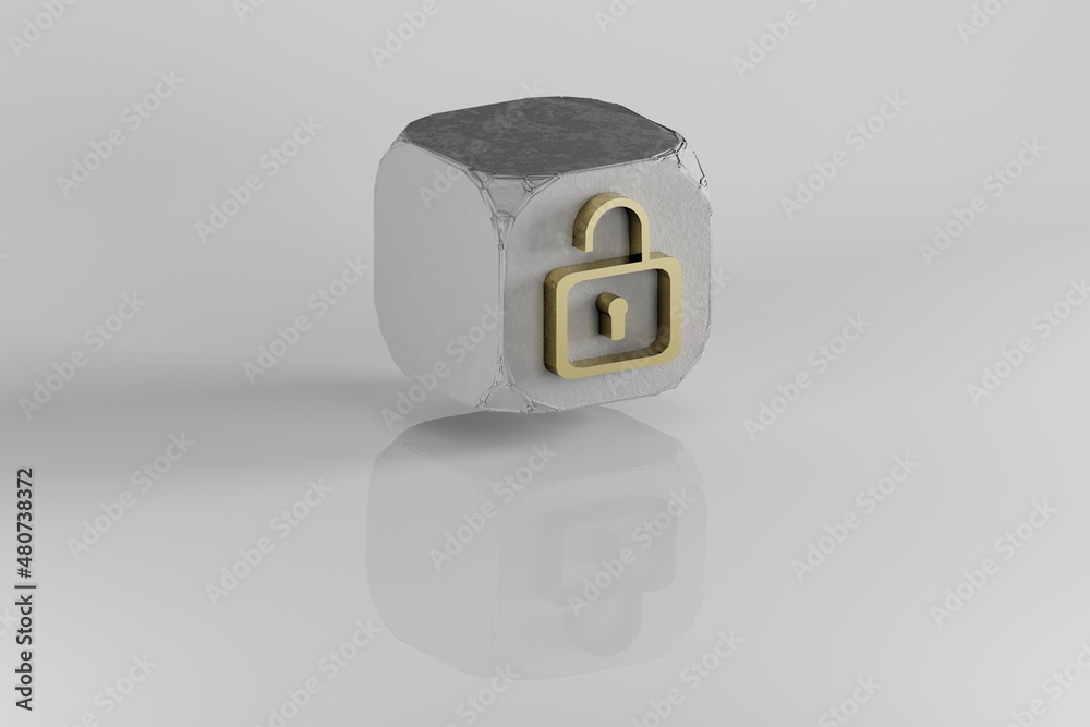 Unlock icon. Yellow Golden Unlock symbol on stone cube and white ...