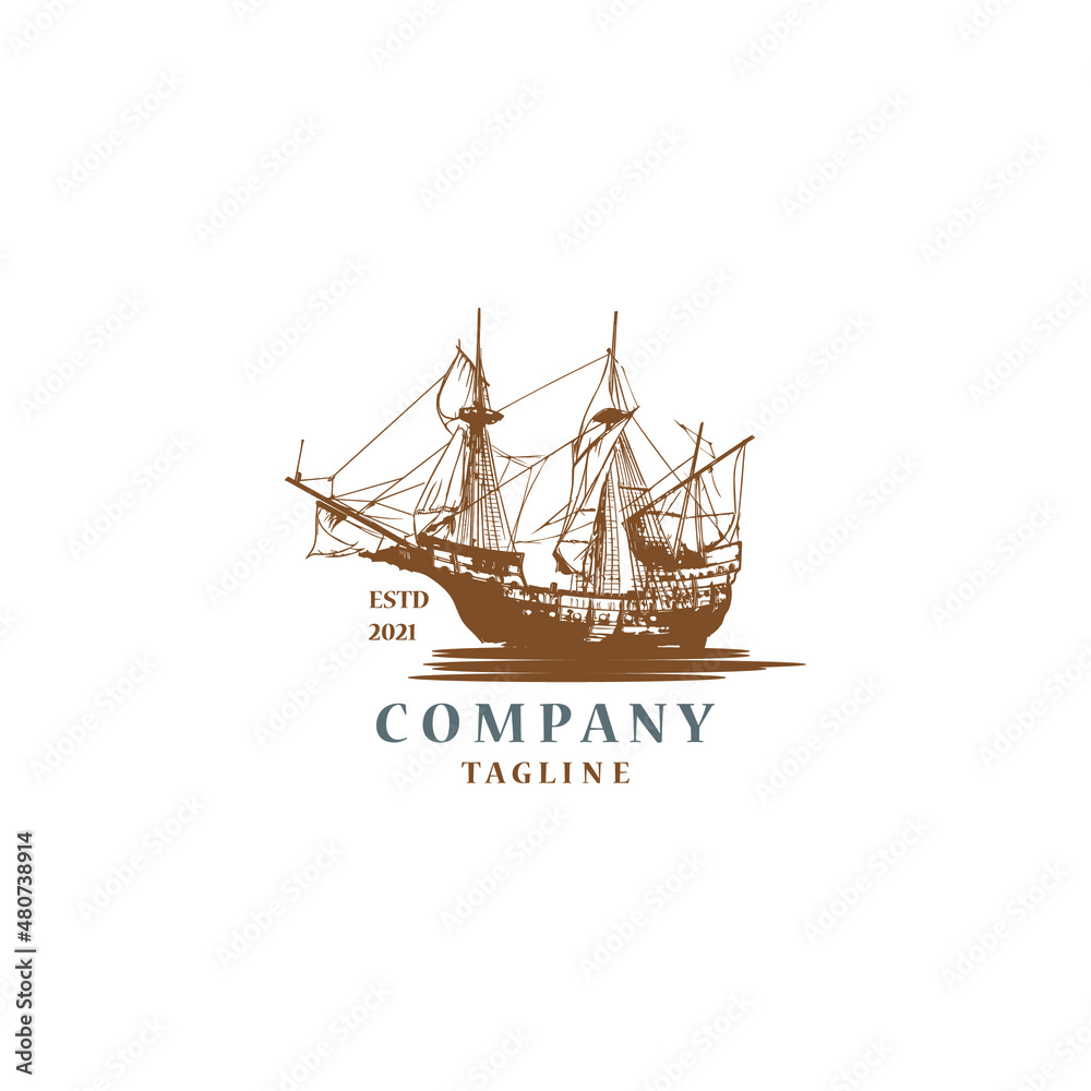Classic illustrative sailing ship logo design made in vintage style ...
