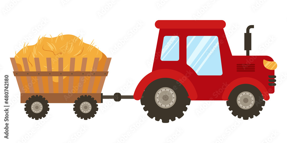 Red tractor with wooden trailer with straw, agricultural equipment in ...