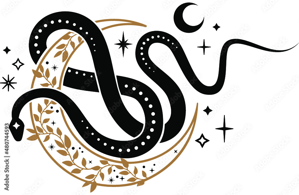 magic Snake. Snake with floral elements, moon and star. Halloween and ...