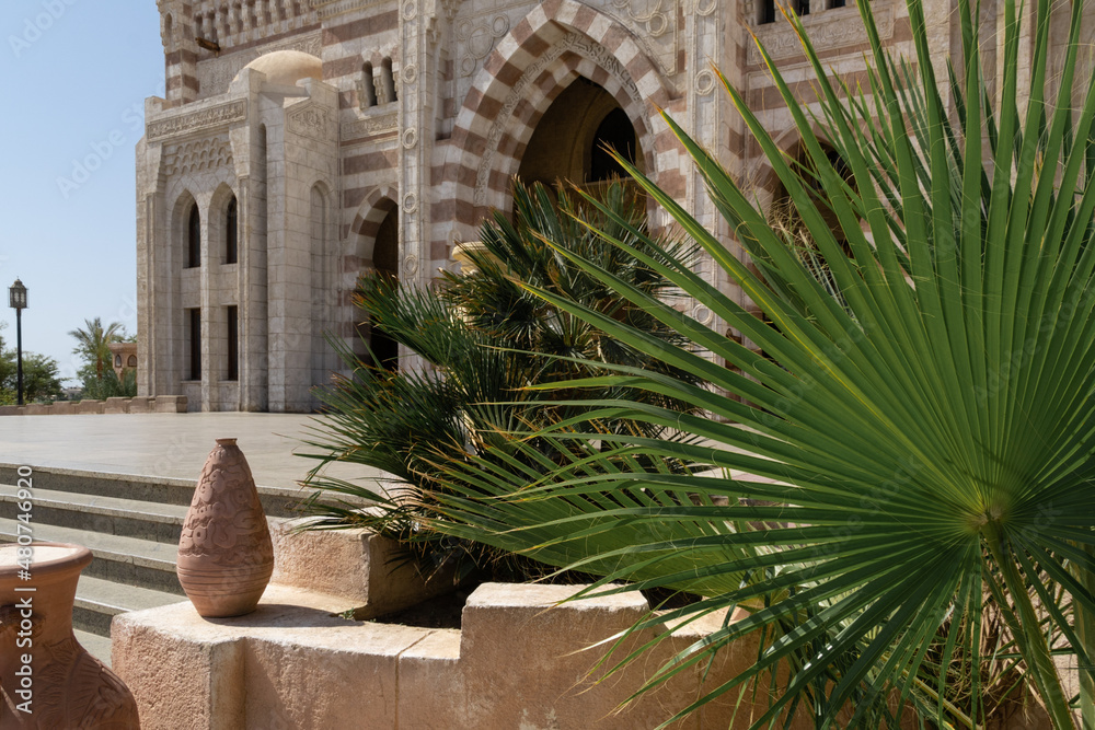 Entrance to El Mustafa Mosque with ancient vases and Thrinax Radiata ...