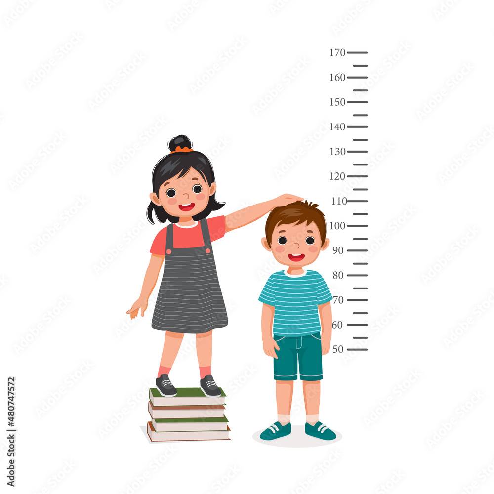 Vecteur Stock cute little girl standing on stack of books measuring ...