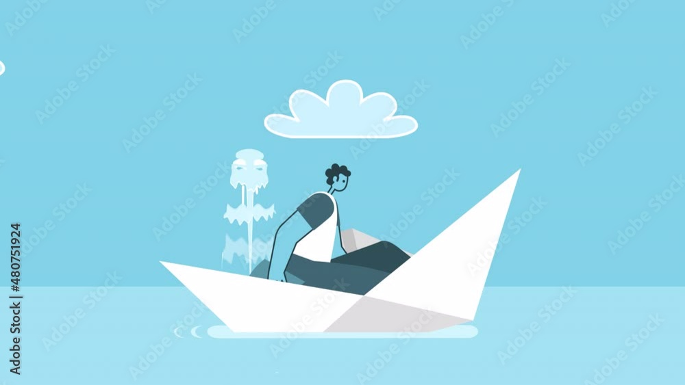 Cartoon man sailing on a sinking paper boat and scoop out water. Flat ...