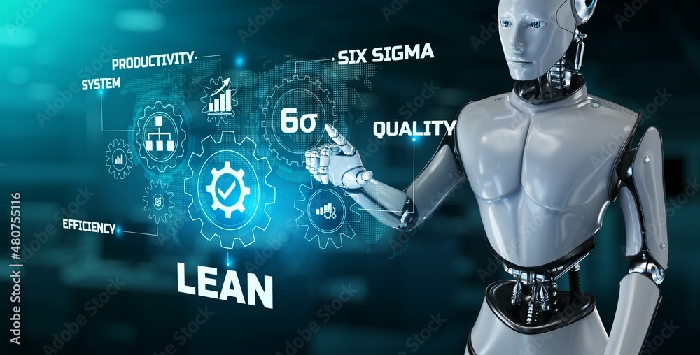 Lean manufacturing development concept. Robot pressing button on screen ...