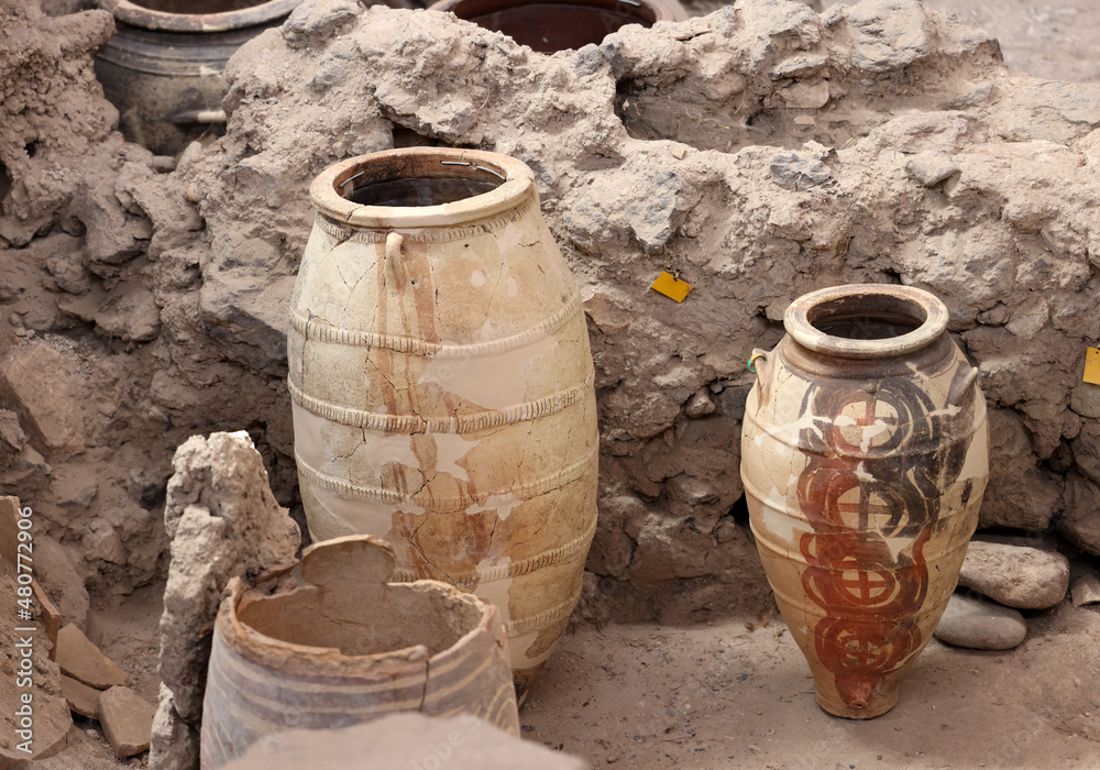 Recovered ancient pottery in prehistoric town of Akrotiri, excavation ...