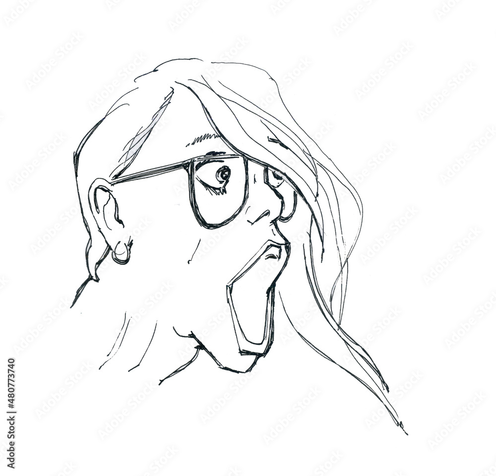 Woman screams with her mouth wide open. Women's scandal. Ink drawing ...