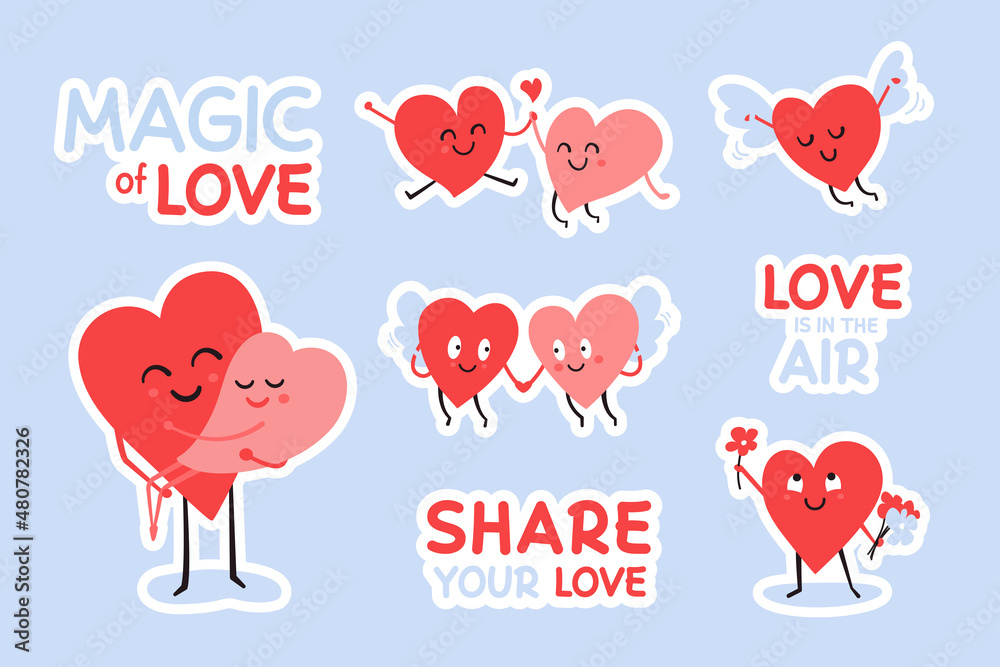 Romantic stickers with happy hearts. Vector sticker sheet for ...