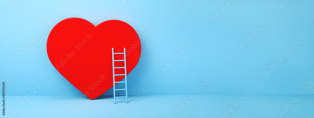 Ladder leading to a heart, symbol of love and stair over blue ...