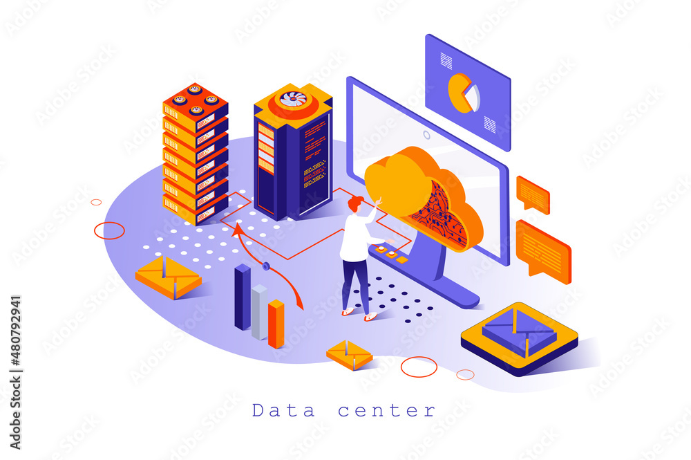 Data center concept in 3d isometric design. Computing, file backup and ...