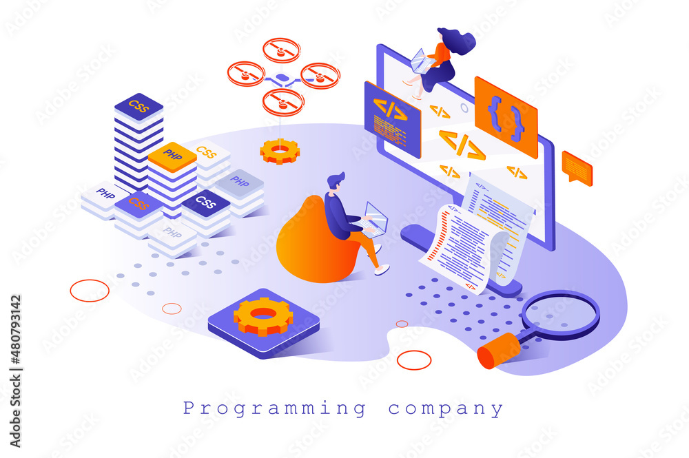 Programming Company Concept In 3d Isometric Design Developer Coding And Testing Creates And