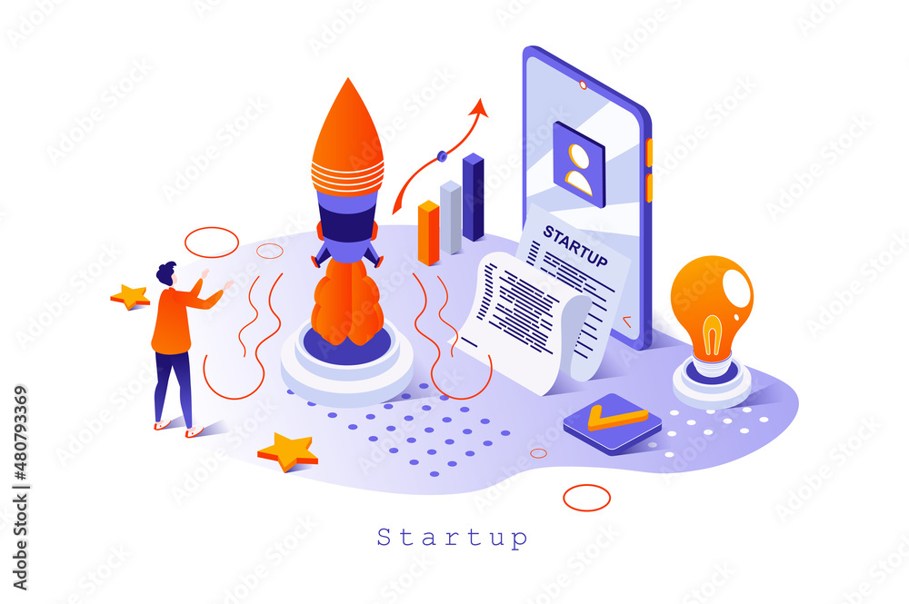Startup concept in 3d isometric design. Businessman creates and ...