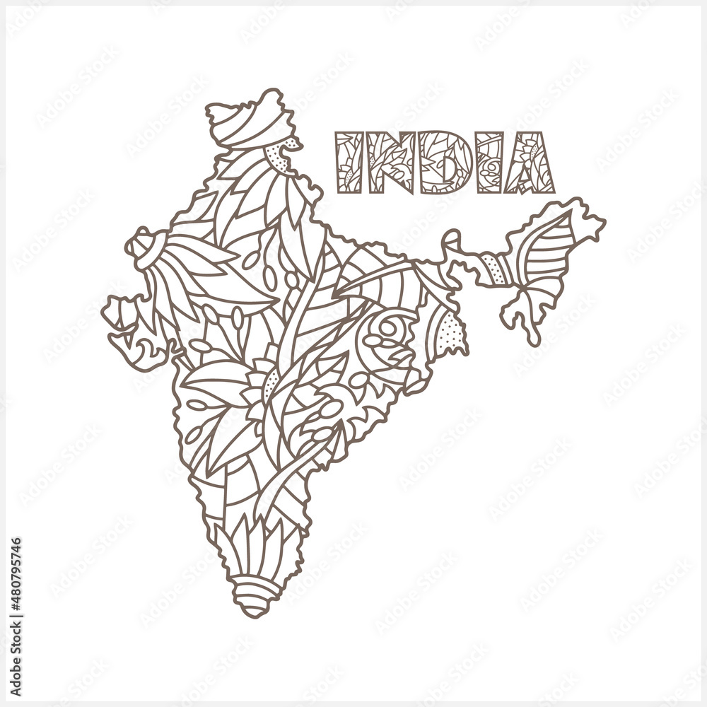 Doodle India map isolated. Eco design. Coloring page book. Hand drawn ...