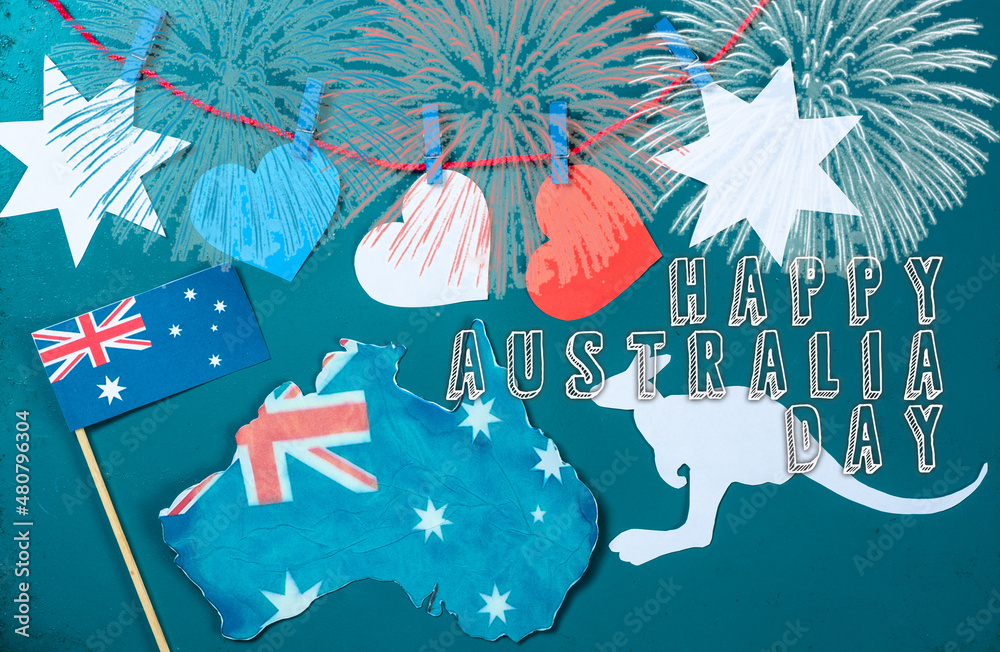 Australia day Concept - greeting written across white Australian maps ...