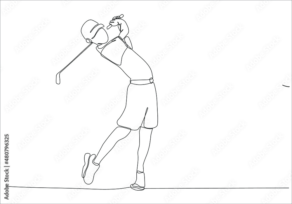Continuous line drawing of young man playing golf. Single one line art ...