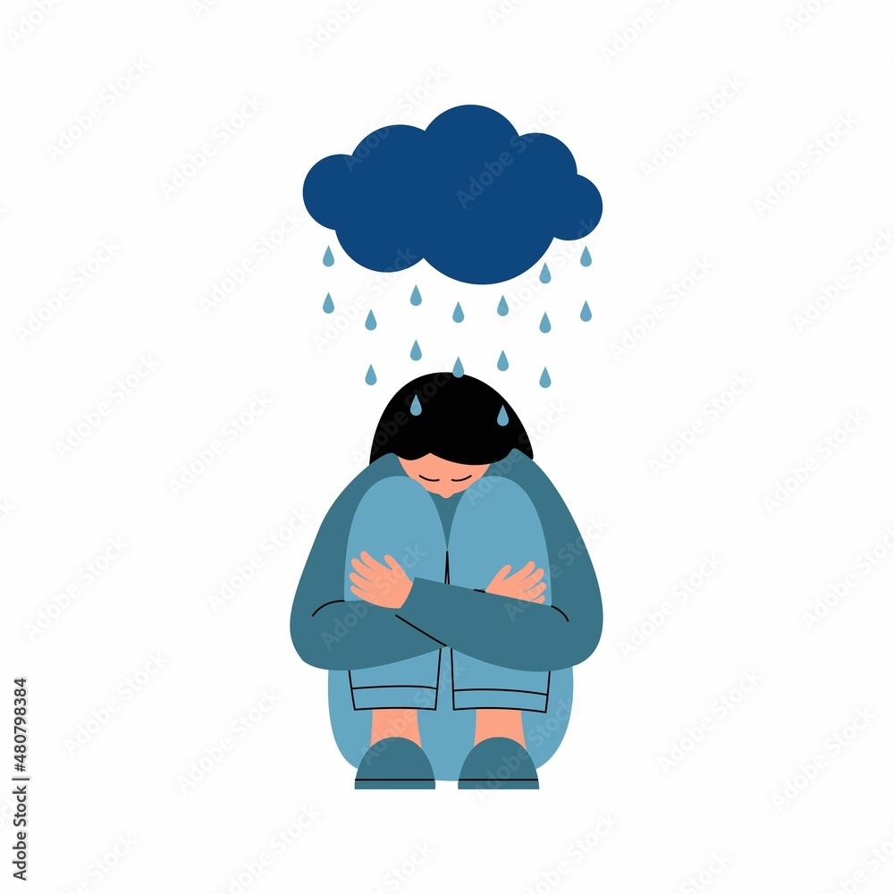 Sad and unhappy teenage girl, young woman sitting under rain ...
