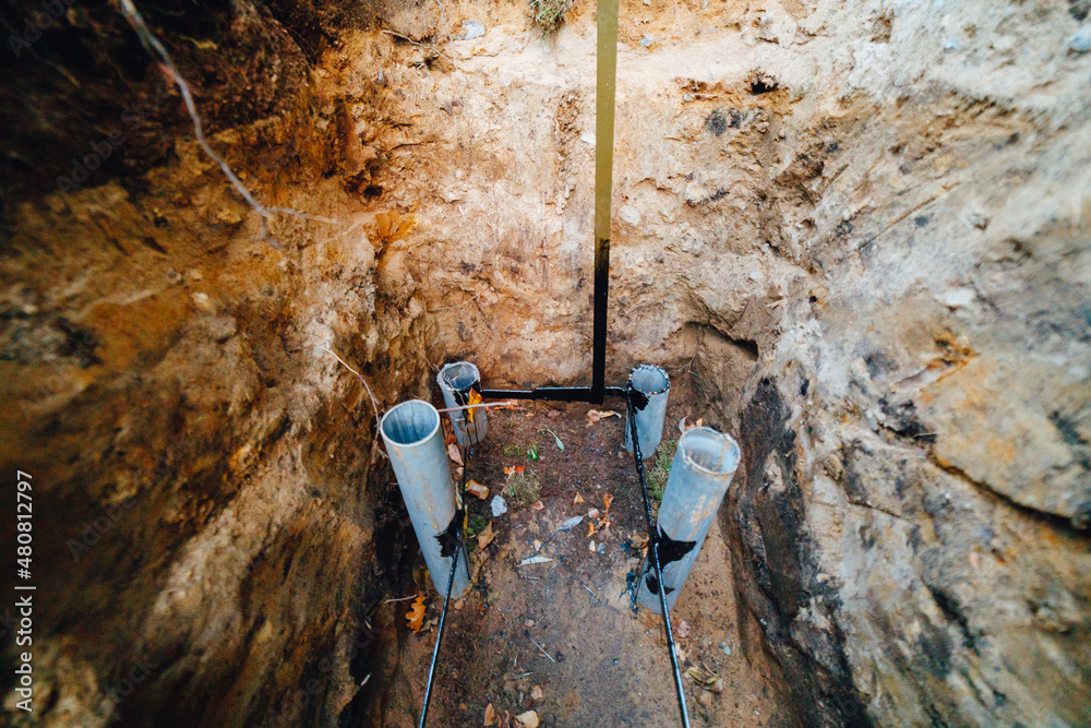 house electricity grounding instalaltion, underground metal framework ...