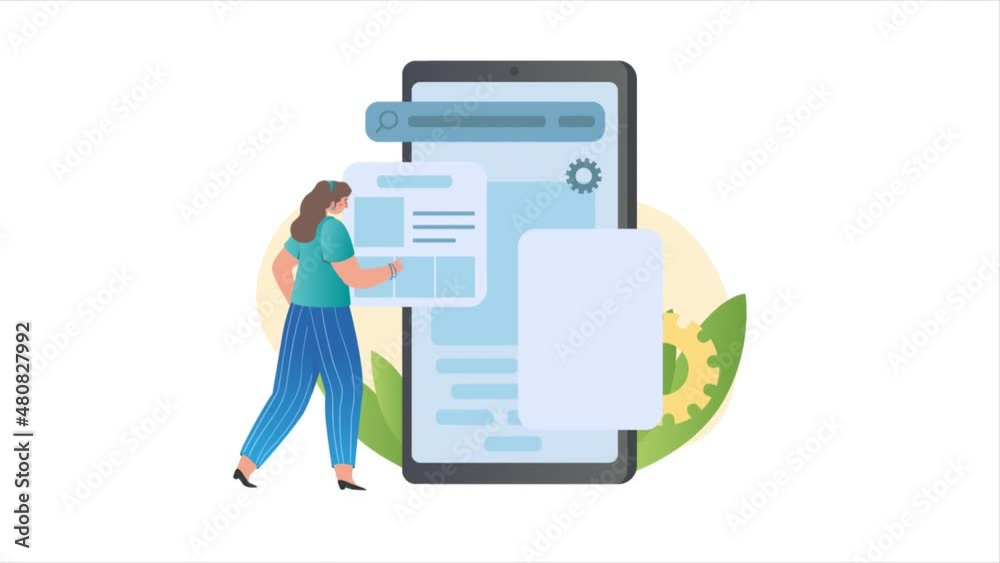 Mobile app development process video concept. Clip with moving woman ...