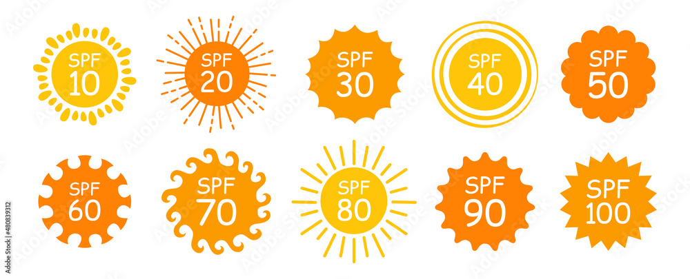 Sun protection sunblock sign set. Solar shine SPF suns defense symbol ...