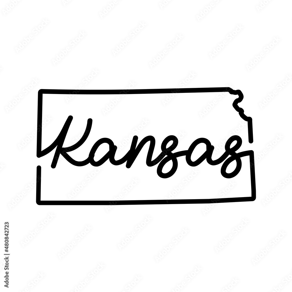 Kansas US state outline map with the handwritten state name. Continuous ...