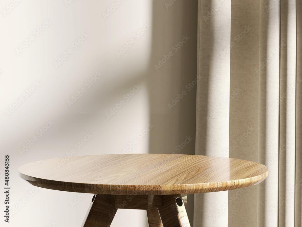 3D render close up of an empty teak wood round table inside the room ...