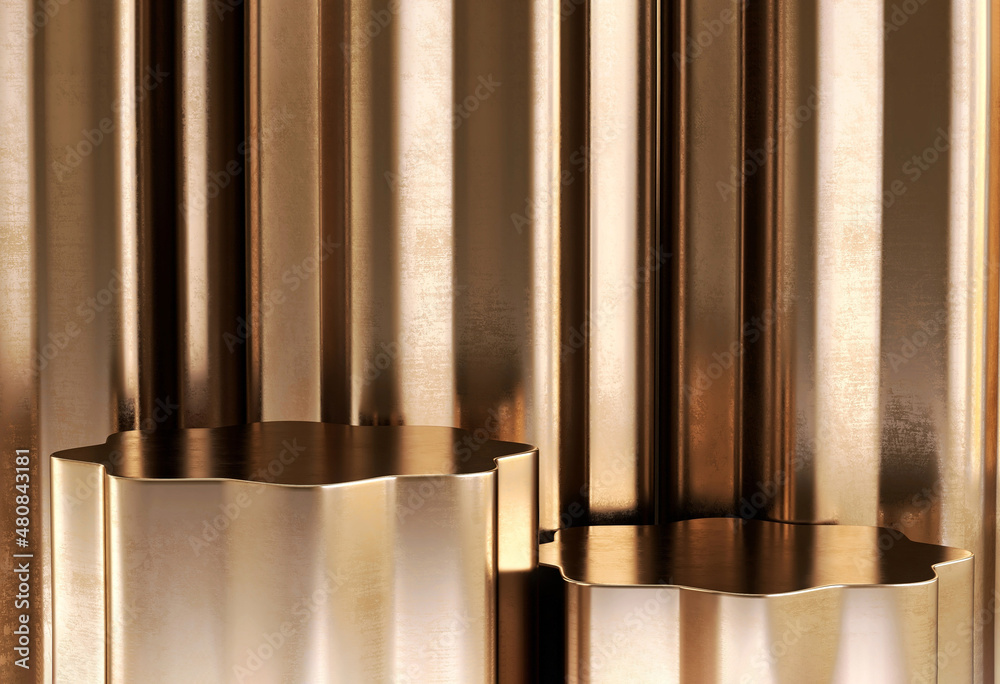 3D render 2 beautiful empty gleaming golden round wavy stand podiums ...