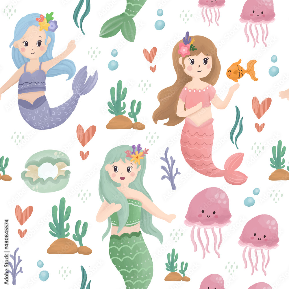 Mermaid seamless pattern background. Cute little Mermaid and fish ...
