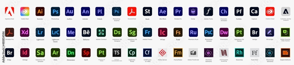 Adobe products icons. Illustrator, Photoshop, Lightroom, InDesign ...