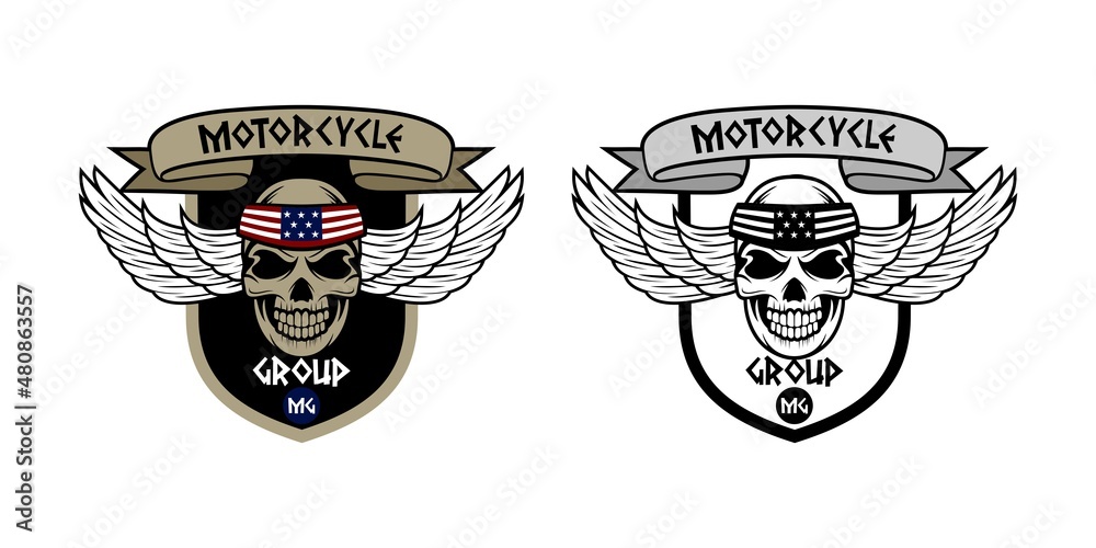 Motorcycle group logo with human skull head design illustration vector ...