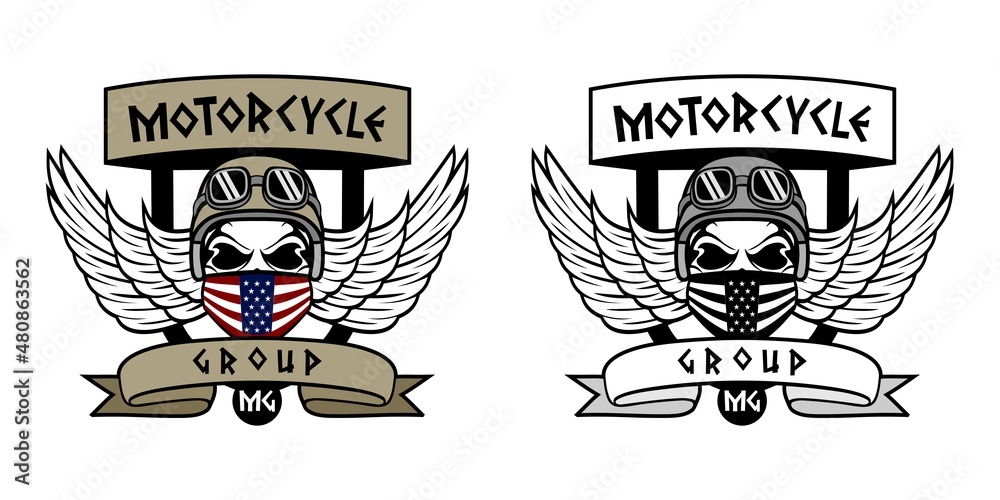 Motorcycle group logo with human skull head design illustration vector ...