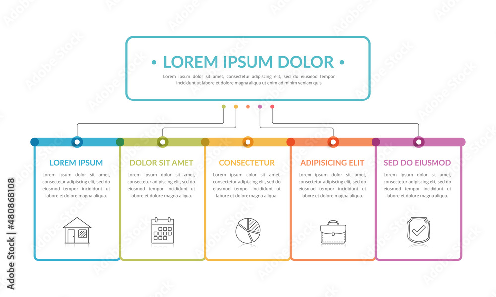 Flowchart with main title and 5 elements, workflow, process chart ...