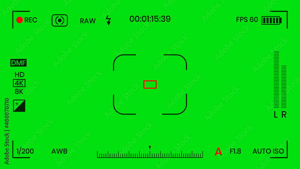 Green colored chroma key camera rec frame viewfinder overlay background ...