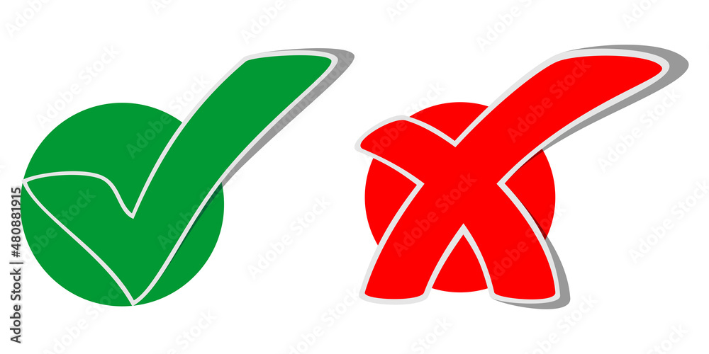 Green checkmark and red X icons on white background. Vector ...