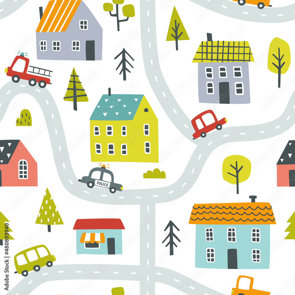 Cute cartoon city map seamless pattern. Doodle town baby vector print ...