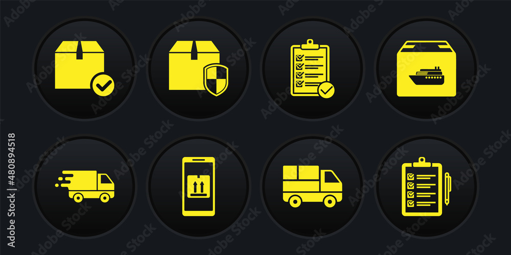 Set Delivery truck in movement, Cargo ship with boxes, Mobile app tracking, Verification of ...