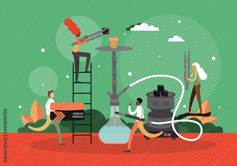 Shisha bar. People smoking hookah, vector illustration. Hookah bar or ...