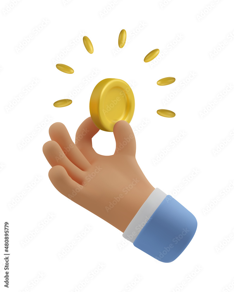 3d Icon hand with gold coin. Realistic vector render emoji. Money ...