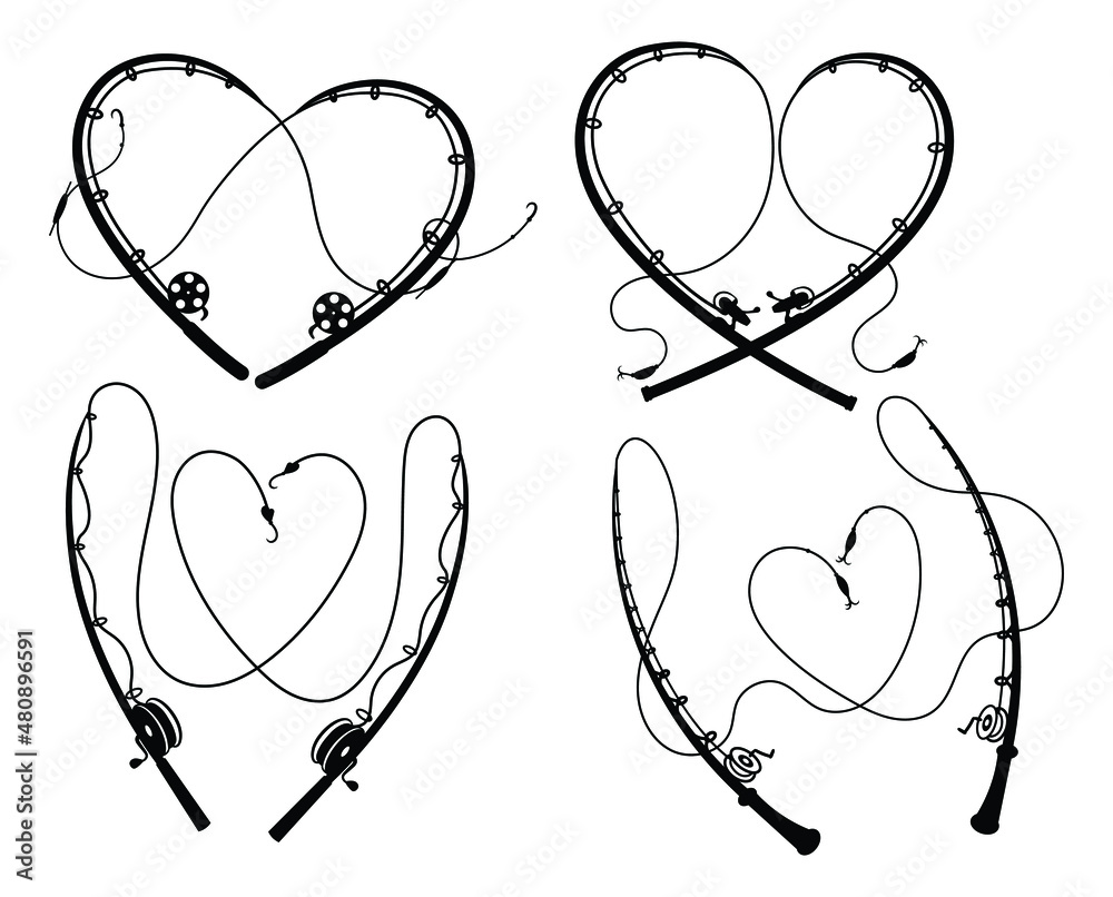 Set of fishing rods with heart. Collection of river fishing with love ...