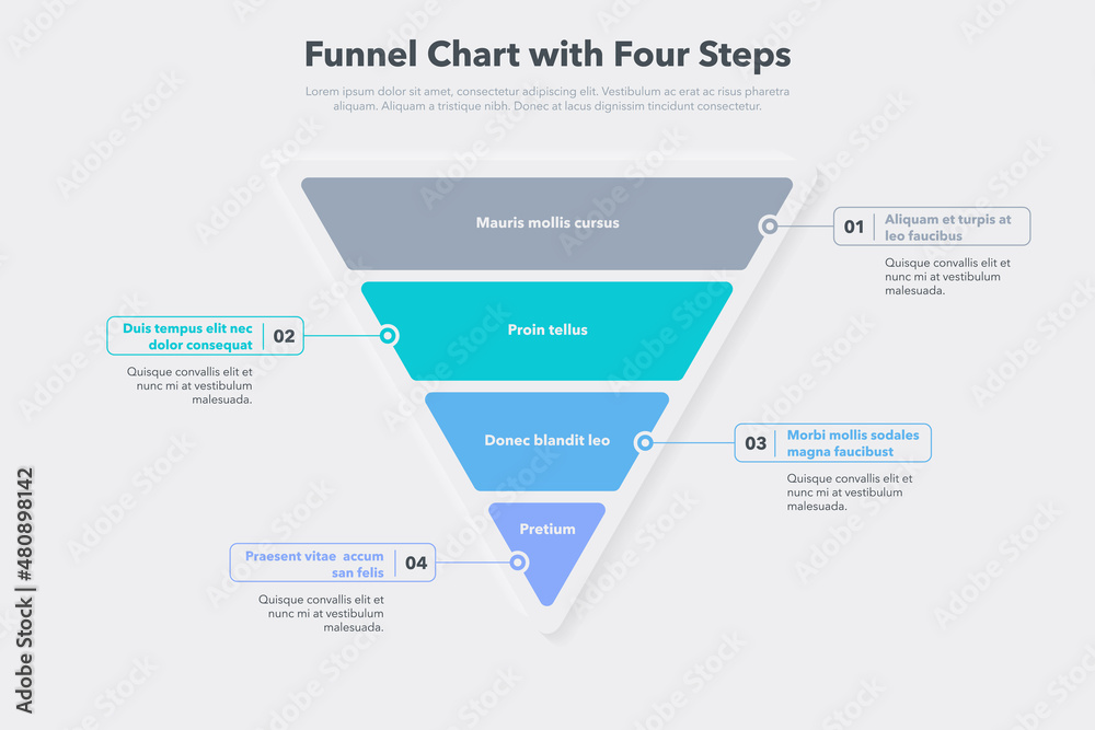 Funnel chart template with four colorful steps. Easy to use for your ...