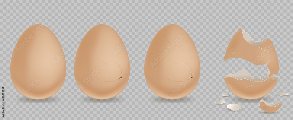 Cracked egg. Cartoon 3d realistic chicken broken eggs with cracks and ...