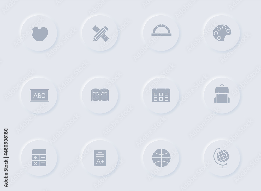 school gray vector icons on round rubber buttons. school icon set for ...